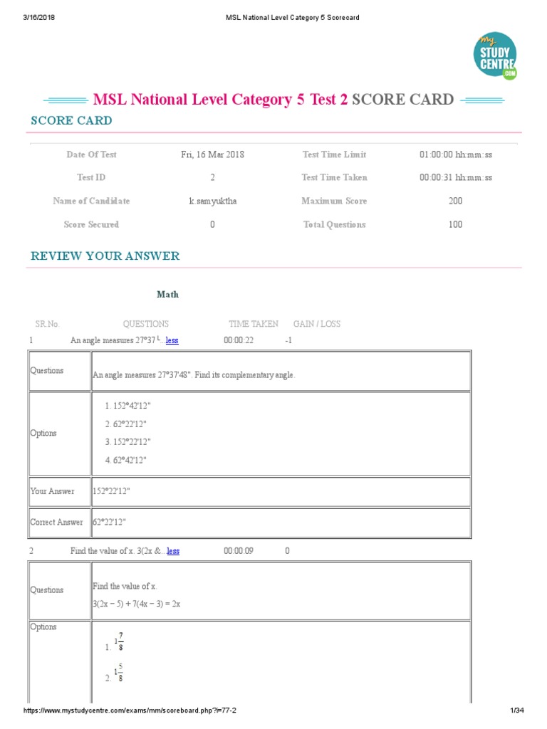 MSL National Level Category 5 Test 2: Score Card | PDF | Geometry ...