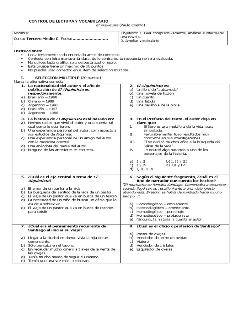 Control de Lectura El Alquimista - Docx 2 | PDF | Narración | Alquimia