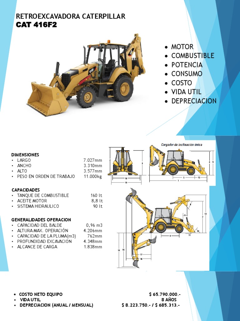 Retroexcavadora Caterpillar CAT 416F2: Motor Combustible Potencia Consumo Costo Vida Util ...
