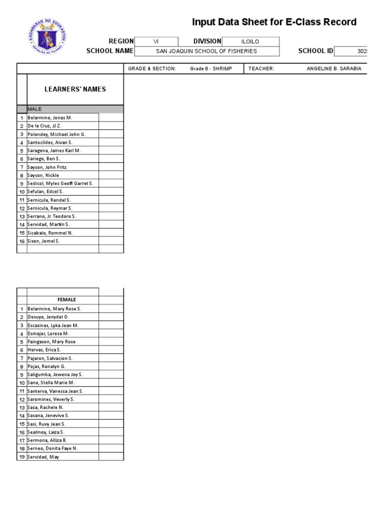 Input Data Sheet For E-Class Record: Region Division School Name School Id | PDF