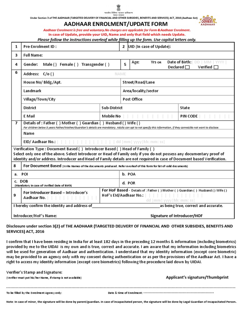 Aadhaar Enrolment/Update Form for Adults | PDF | Identity Document ...