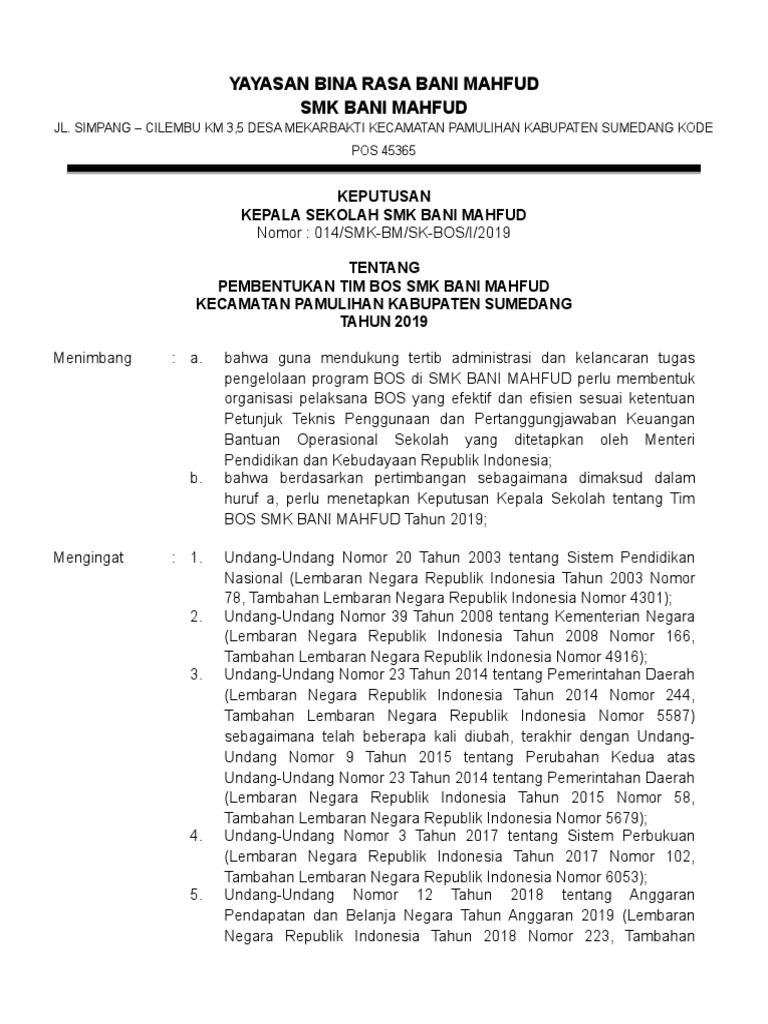 Contoh SK Tim BOS Reguler 2019 | PDF