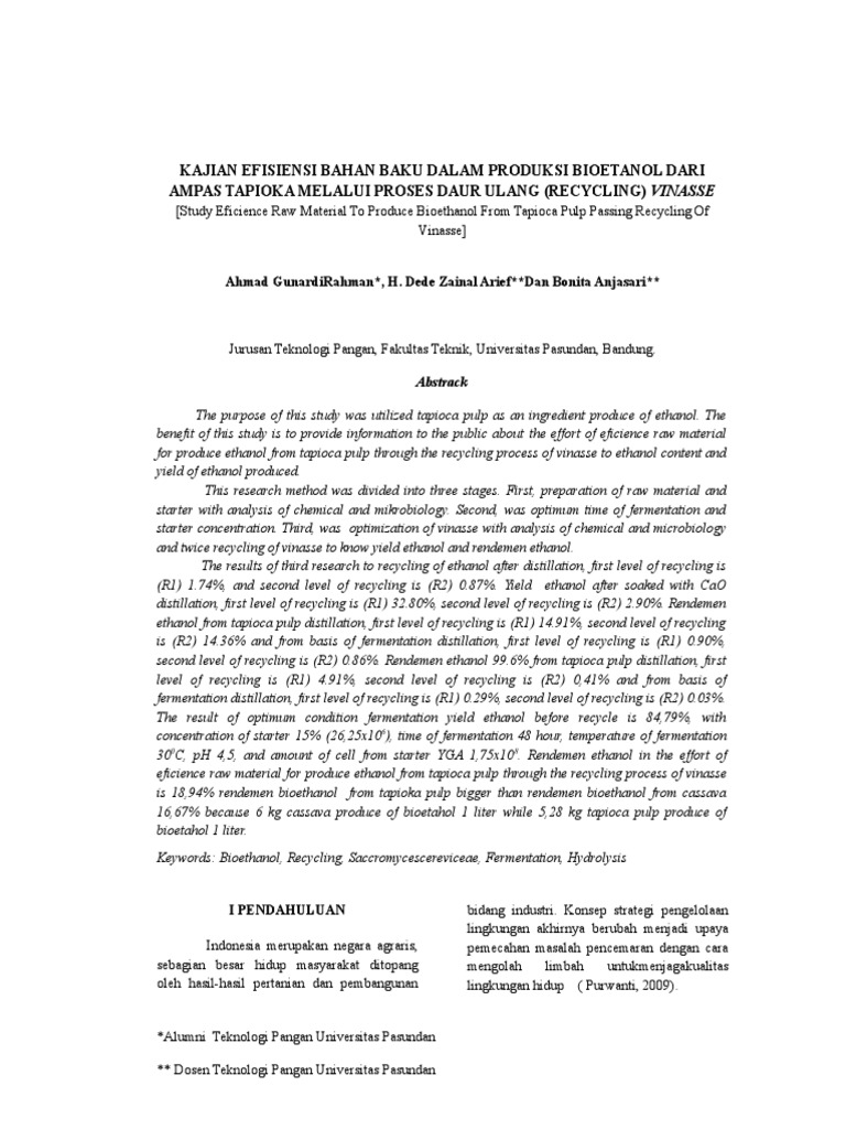 Kajian Efisiensi Bahan Baku Dalam Produksi Bioetanol Dari Ampas Tapioka ...
