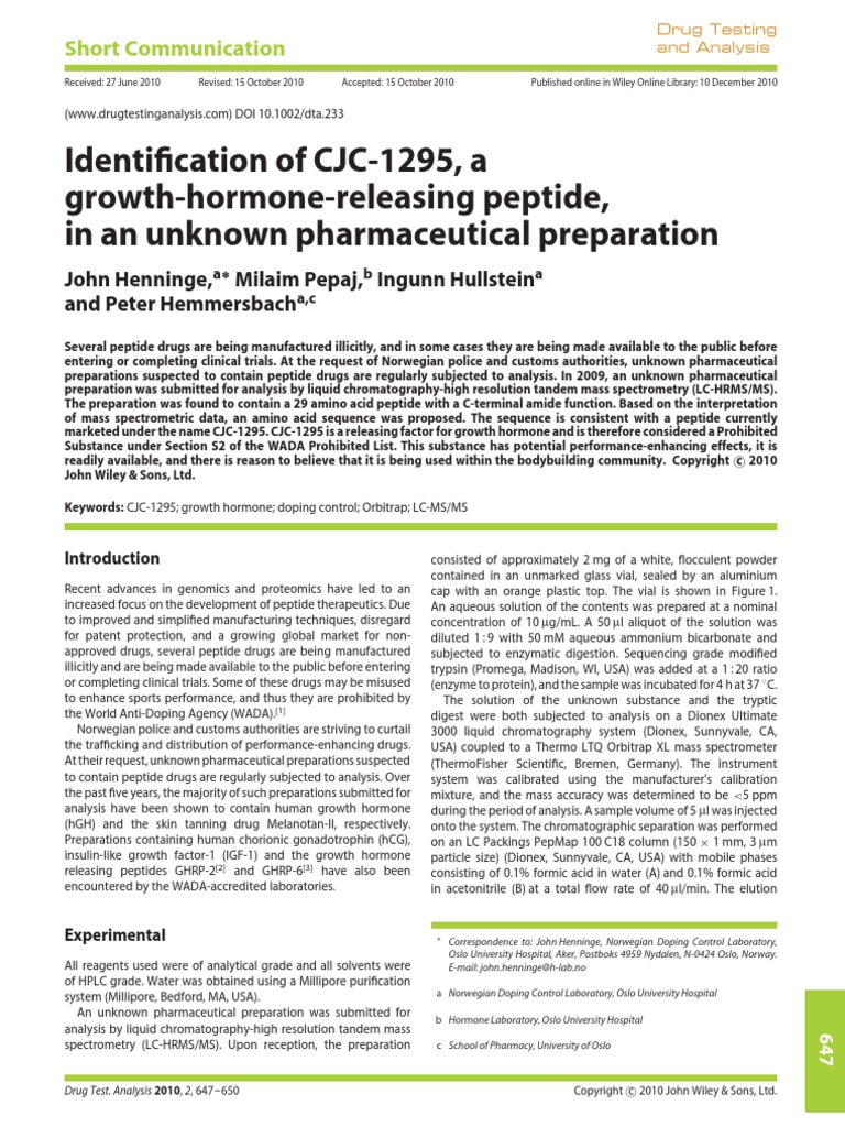 Identification of CJC-1295, A Growth-Hormone-Releasing Peptide, in An ...