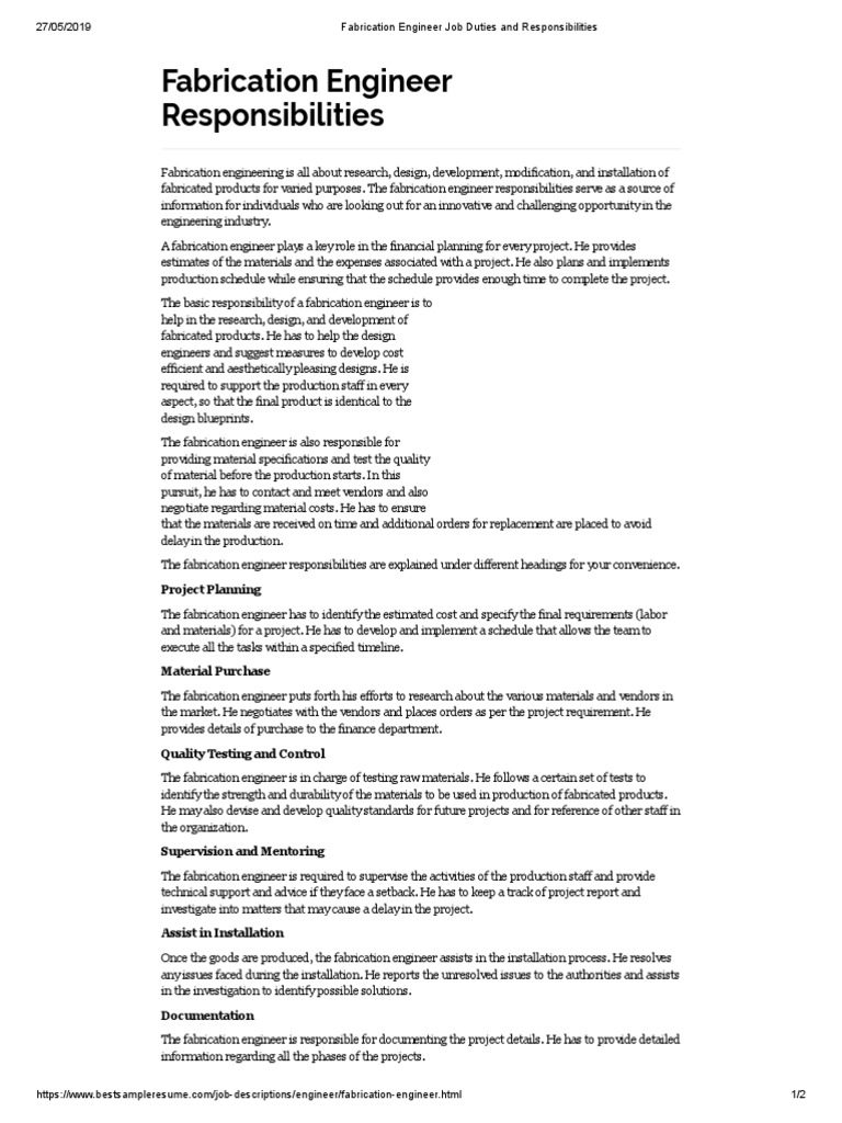 Fabrication Engineer Job Duties and Responsibilities | PDF ...