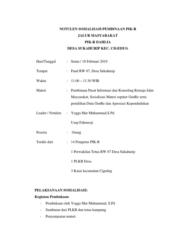 Notulen Sosialisasi Pembinaan Pik R Dahlia | PDF