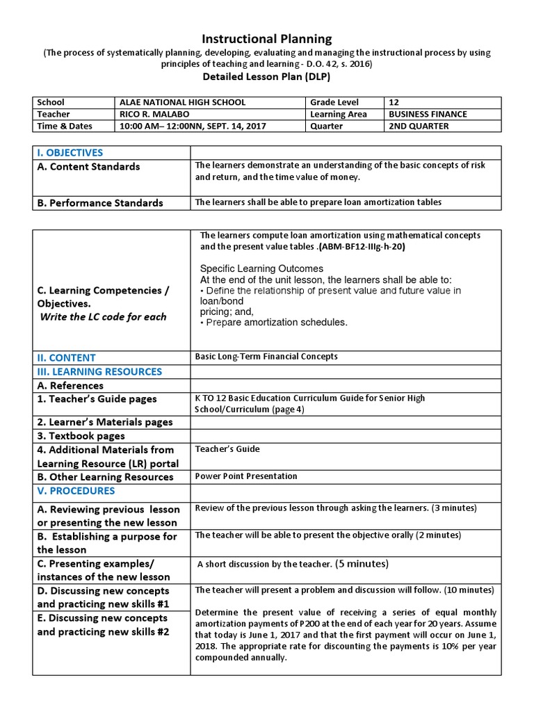 Instructional Planning: I. Objectives | PDF | Present Value | Teachers