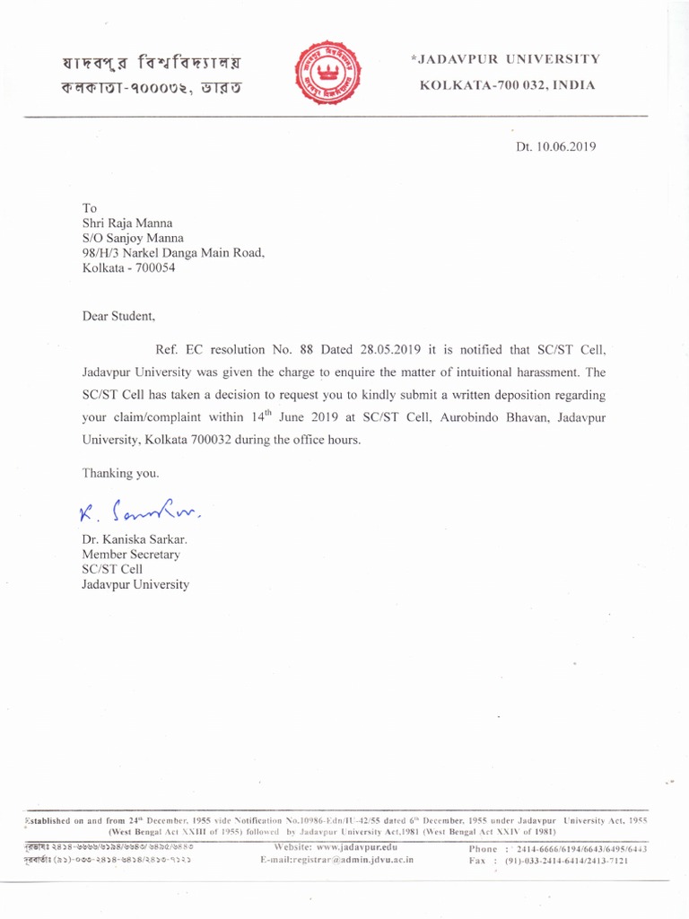 Official Letter, Jadavpur University | PDF