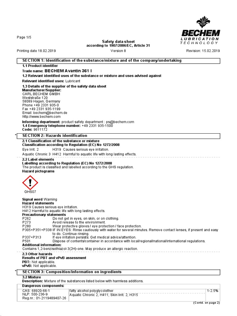 MSDS of Bechem Avantin | Toxicity | Prevention