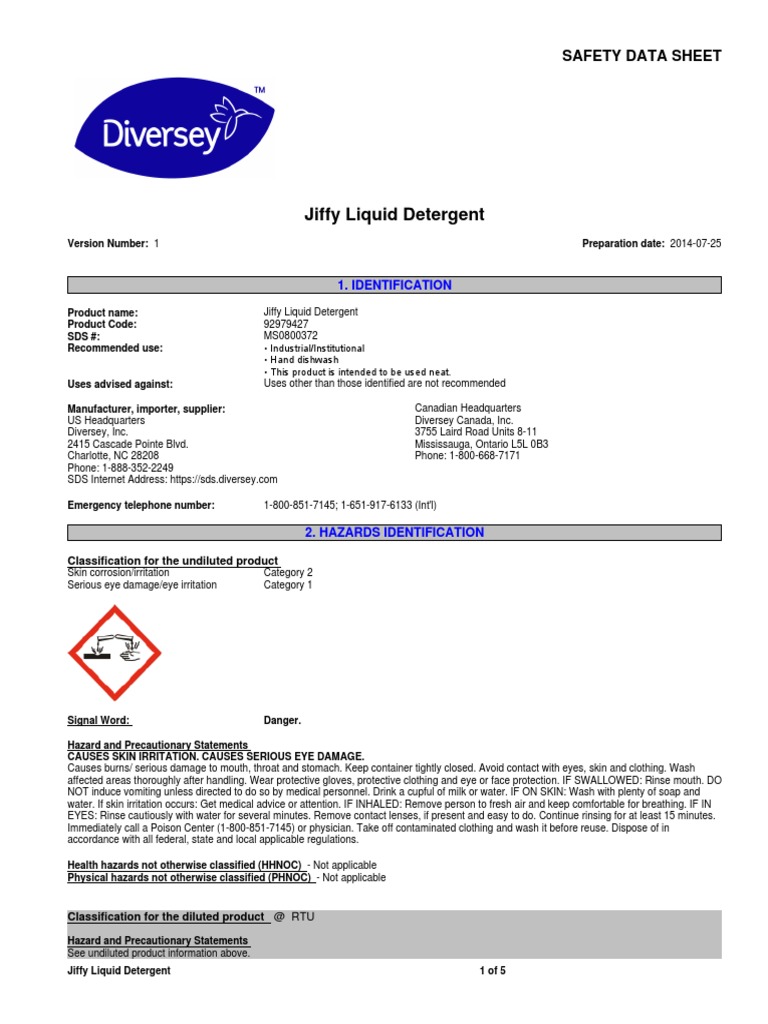 Jiffy Liquid Detergent MSDS | PDF | Resource Conservation And Recovery ...