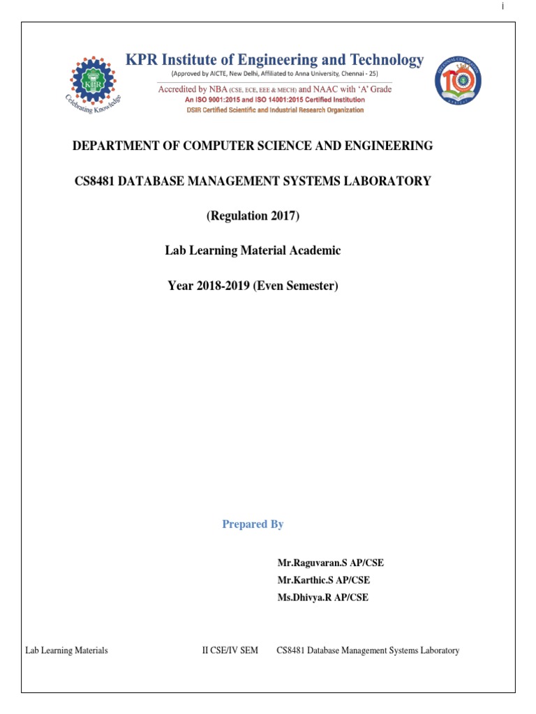 CS8481 Database Management Systems Laboratory Manual IICSEA | PDF ...