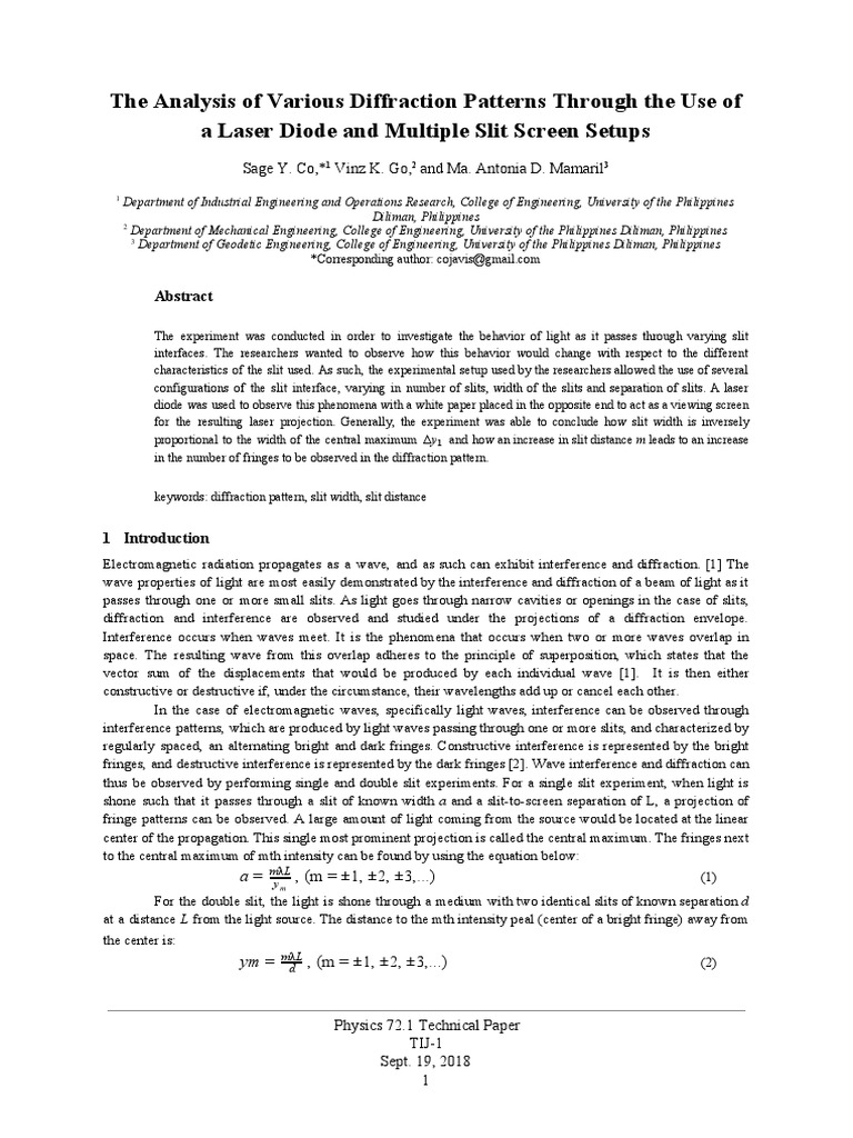Slit Diffraction Technical Paper | PDF | Diffraction | Wavelength