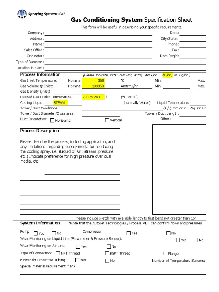 Gas Conditioning System Specification Sheet: Process Information | PDF ...