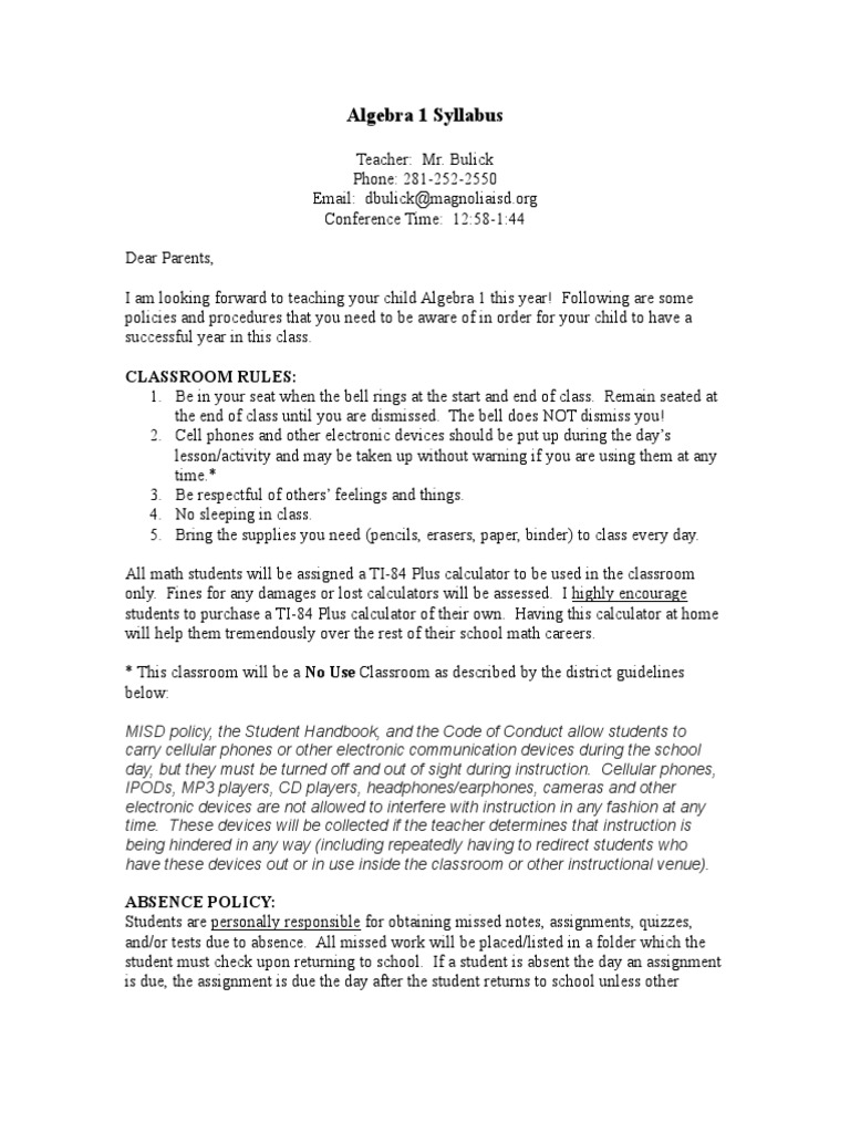 Algebra 1 Syllabus: Classroom Rules | PDF | Homework | Teachers
