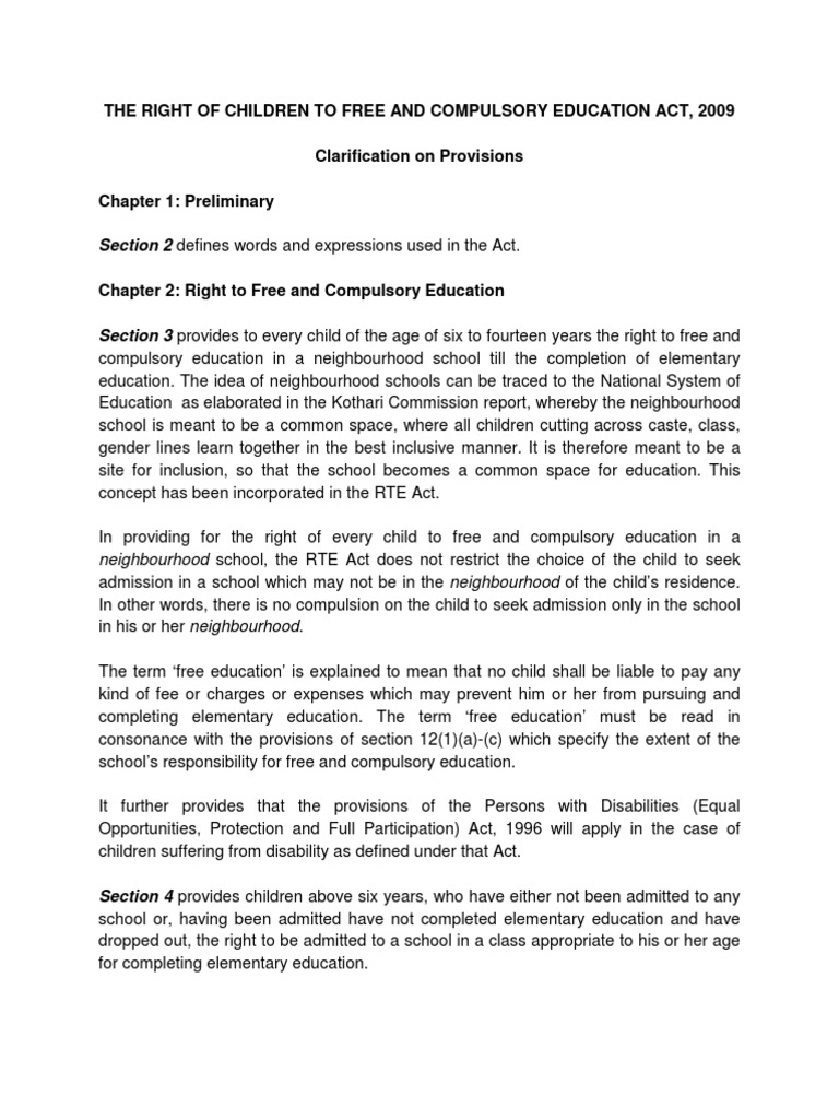 The Right of Children To Free and Compulsory Education Act, 2009 ...