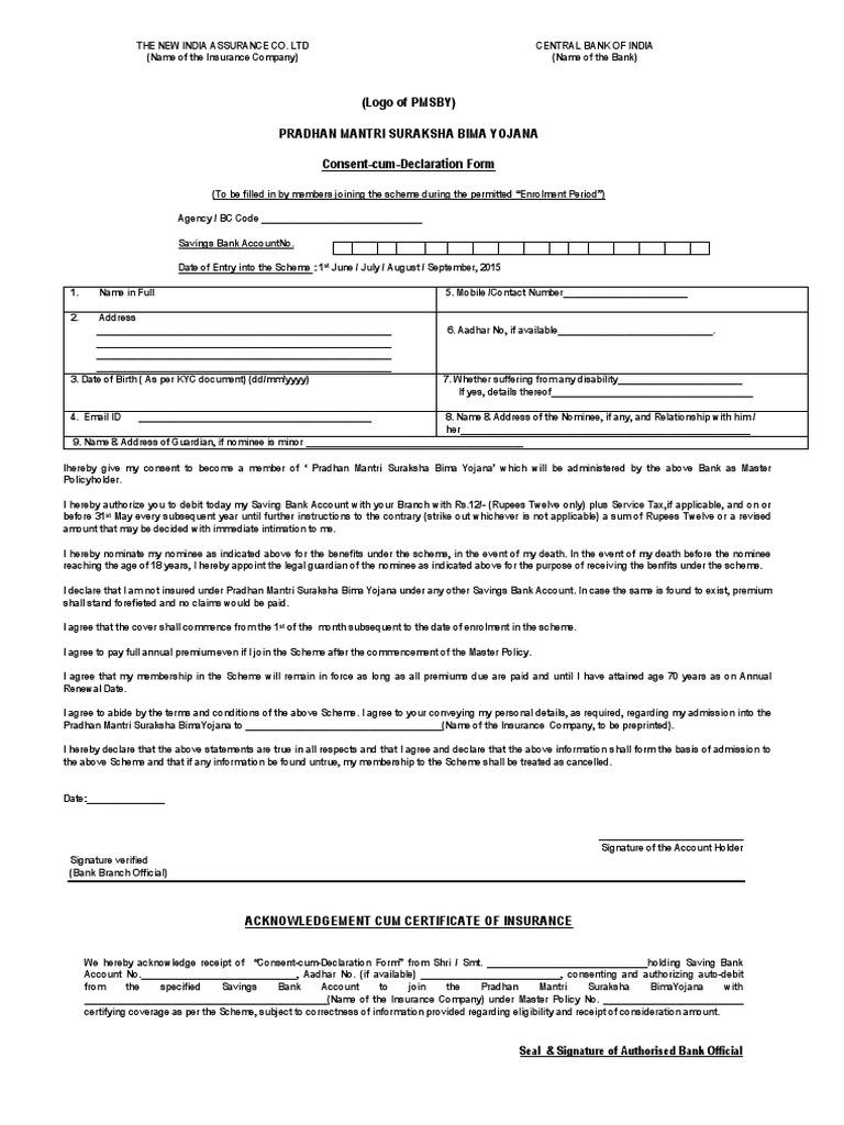 Final PMSBY Consent Form | PDF | Insurance | Banks