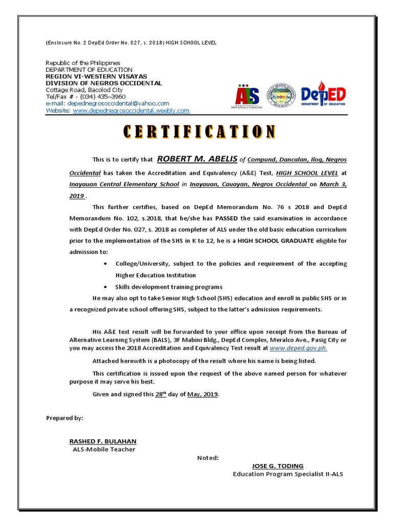 ALS High School Accreditation Certificate | PDF
