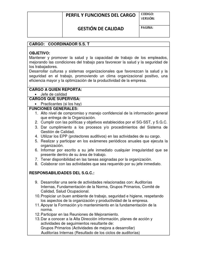 Perfil de Cargo SST | PDF | Derecho laboral | Calidad (comercial)