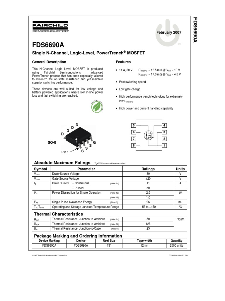Fds6690A: Single N-Channel, Logic-Level, Powertrench Mosfet | PDF ...