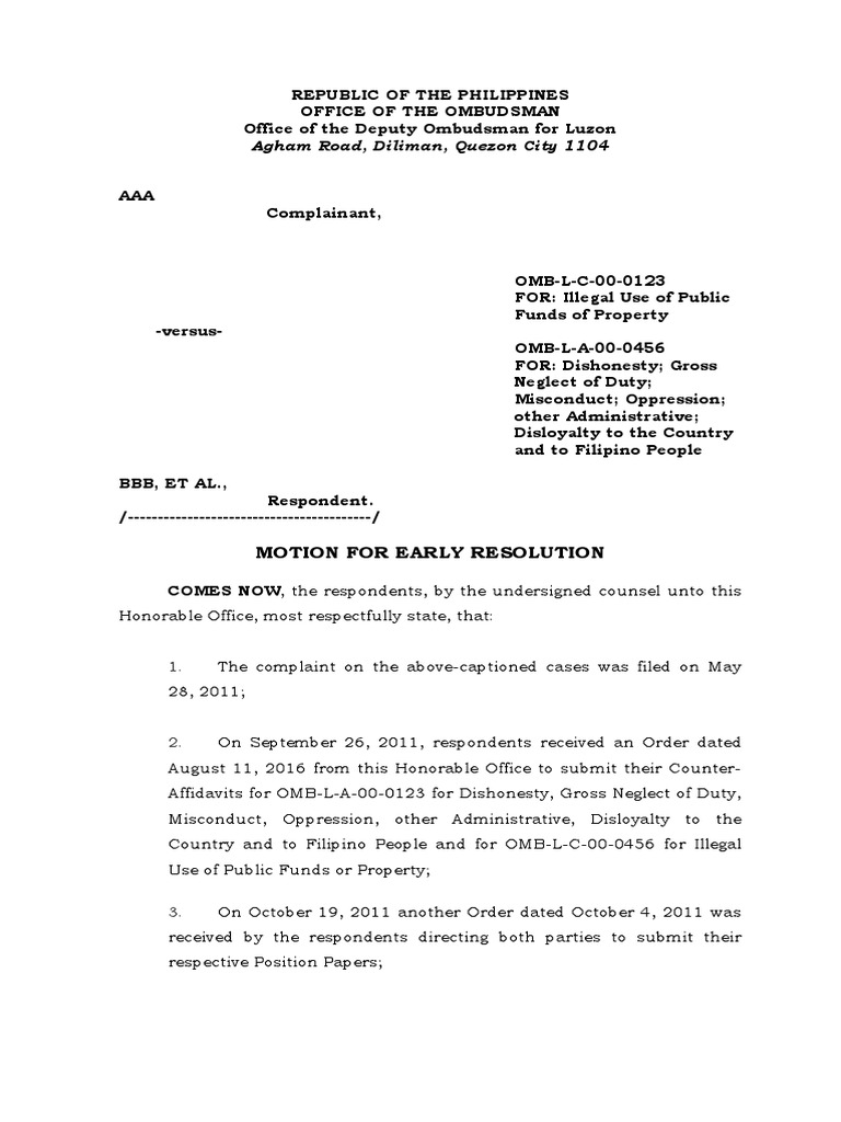 Motion For Early Resolution Sample | PDF | Common Law | Social Institutions
