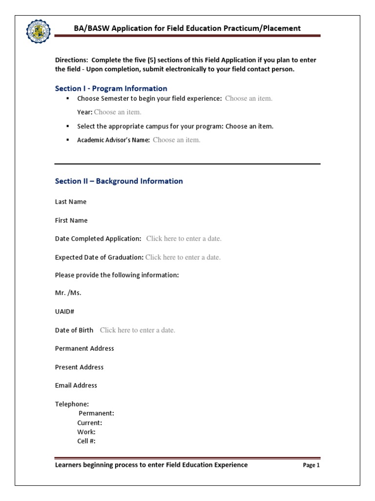 Section I - Program Information: BA/BASW Application For Field Education Practicum/Placement ...
