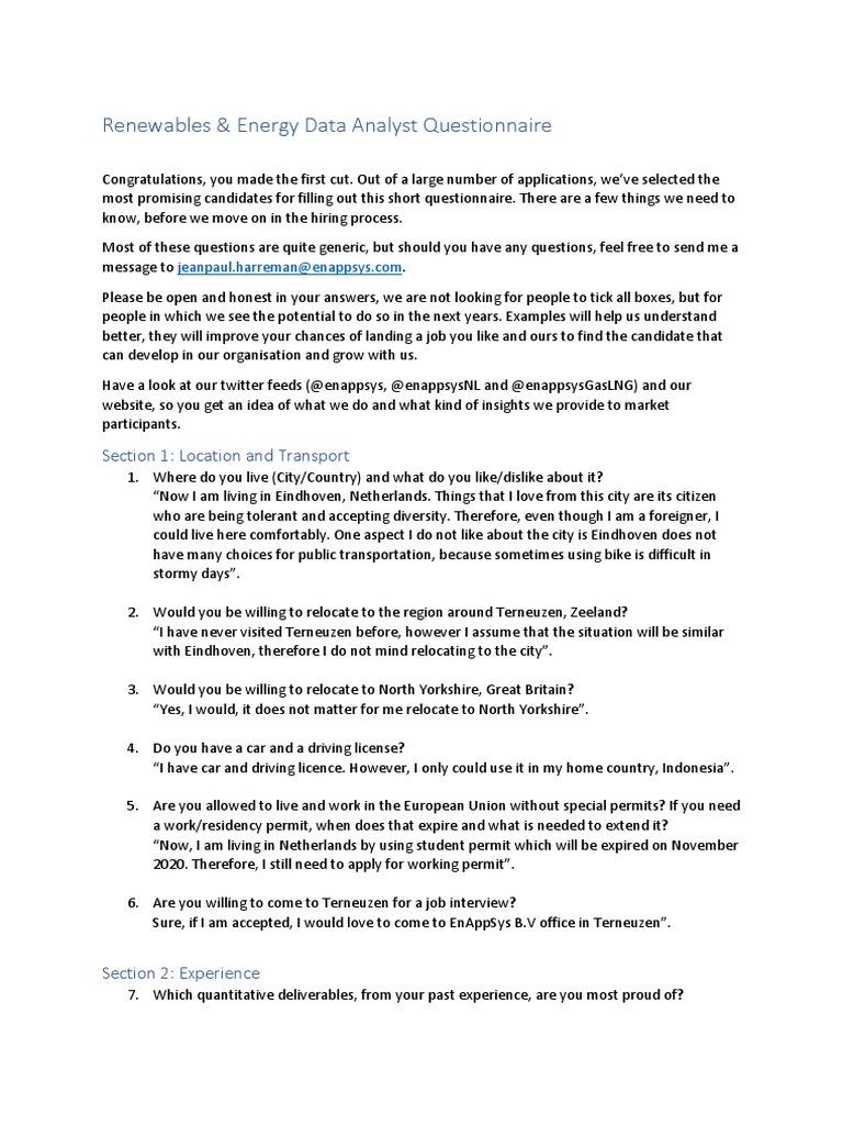 Renewables & Energy Data Analyst Questionnaire: Section 1: Location and ...