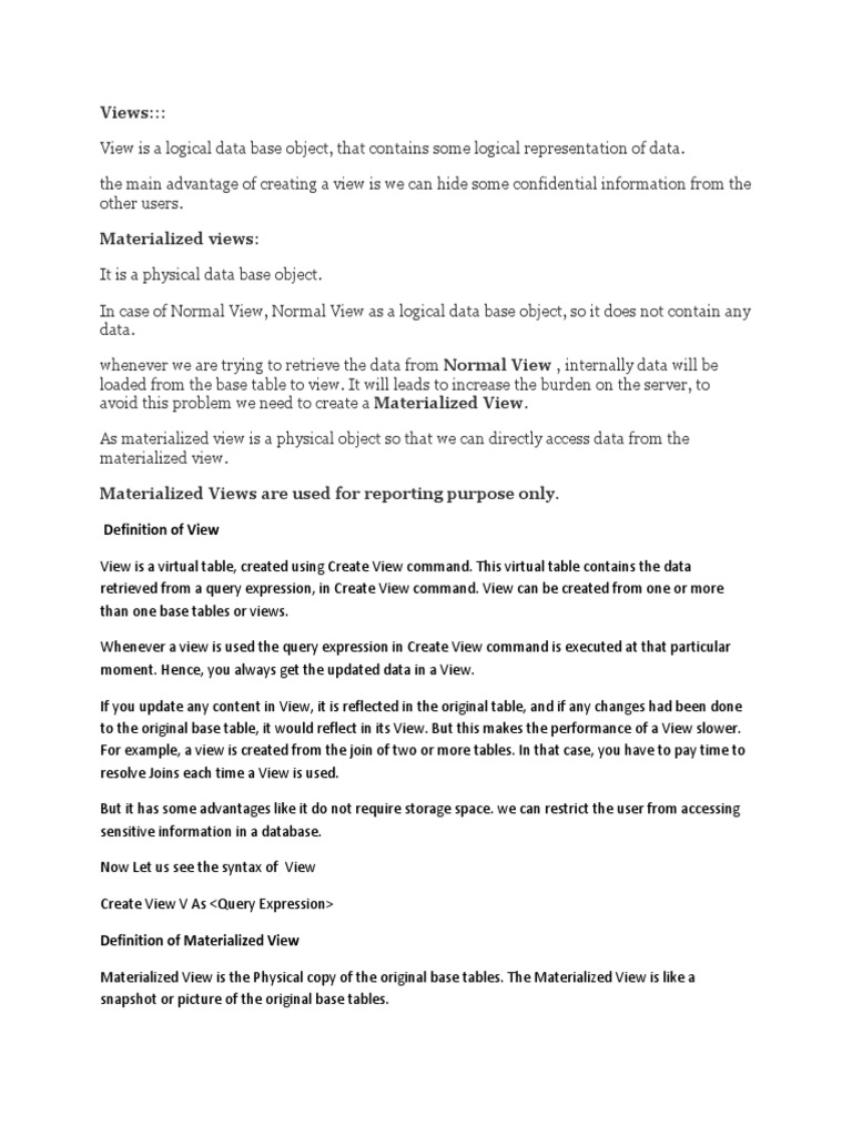 Views:::: Definition of Materialized View | PDF | Database Index | Table (Database)