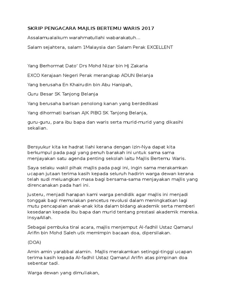 Skrip Pengacara Majlis Bertemu Waris 2017 | PDF | Pengembangan Diri