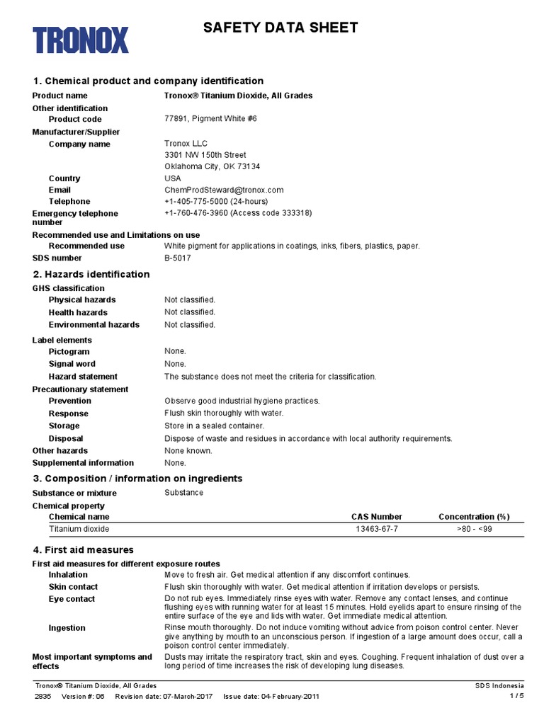 Tronox® Titanium Dioxide All Grades SDS - INDONESIA English PDF | PDF ...