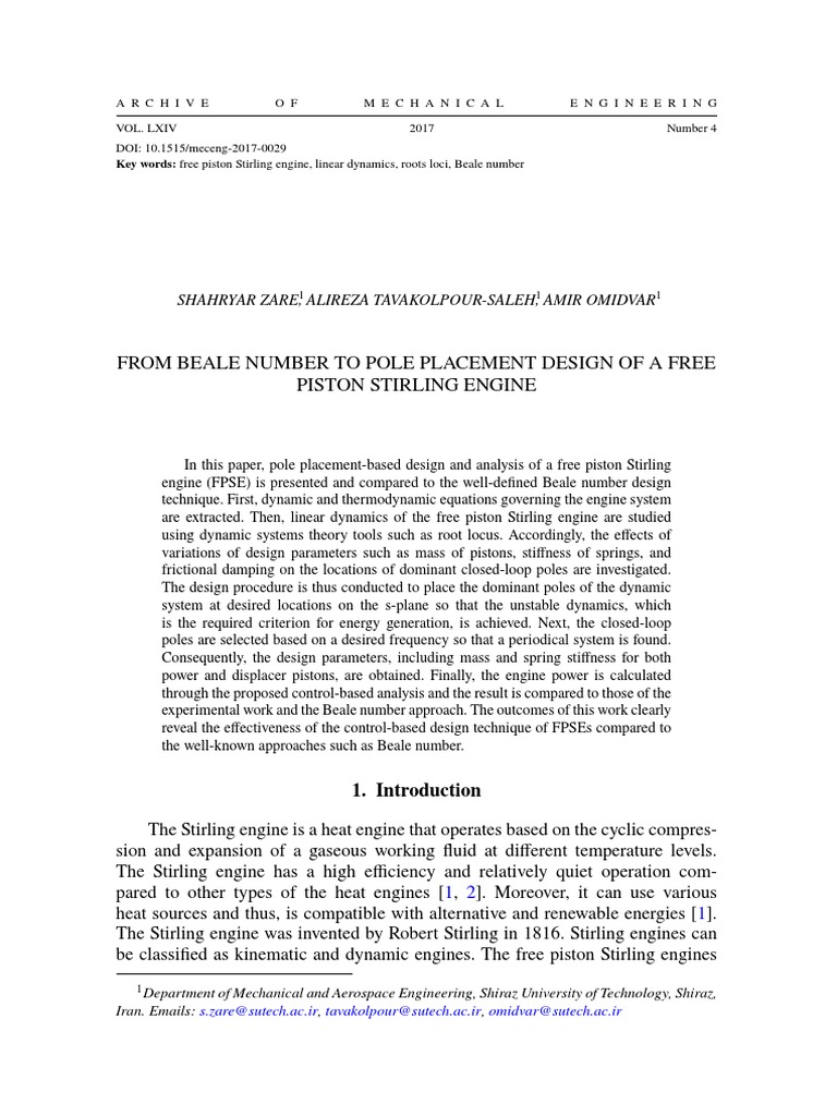 Mechanical Engineering Archive Pole Placement Design of Free Piston ...