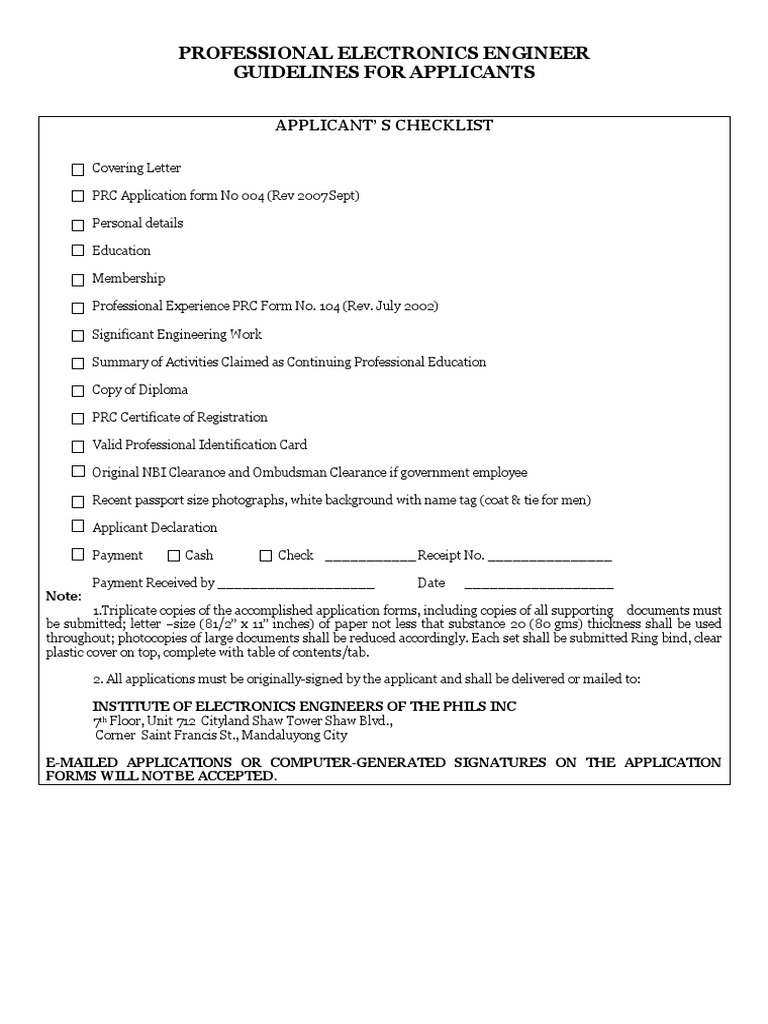 Professional Electronics Engineer Guidelines For Applicants: Applicant' S Checklist | PDF ...