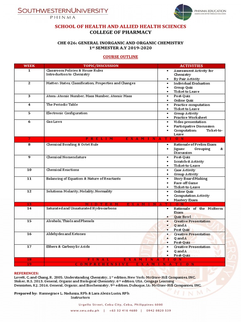 CHE 026 Final Course Outline | PDF | Organic Chemistry | Chemistry