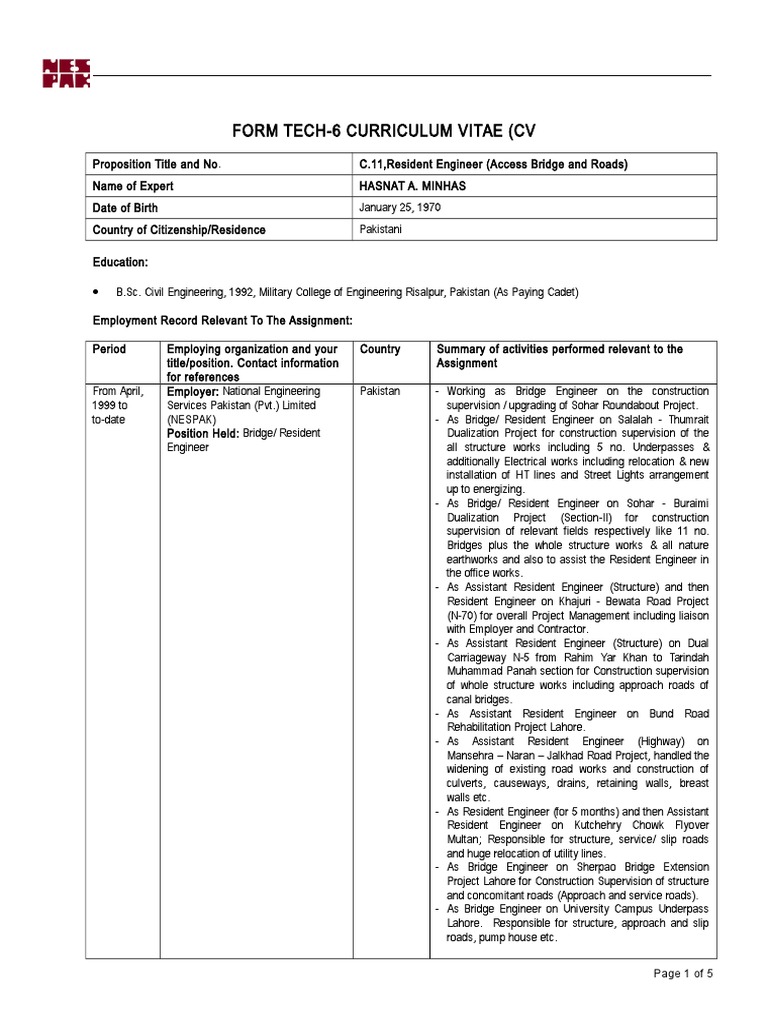 Form Tech-6 Curriculum Vitae (CV: Page 1 of 5 | PDF | Precast Concrete | Road