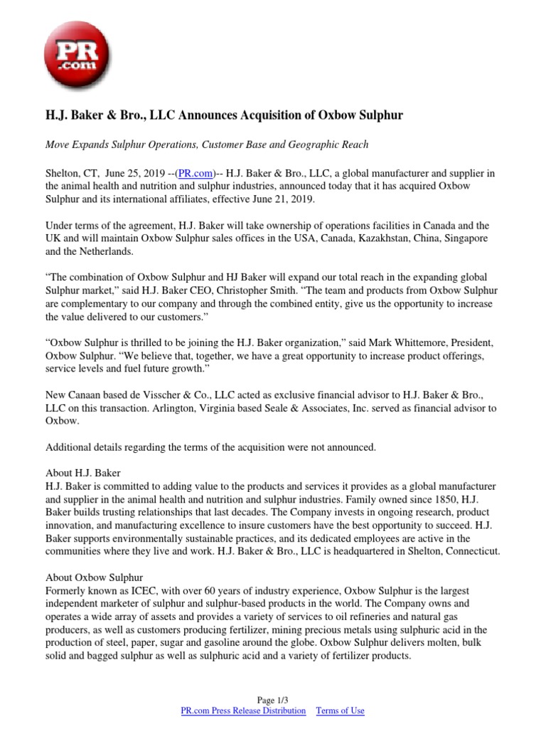 H.J. Baker & Bro., LLC Announces Acquisition of Oxbow Sulphur | PDF ...