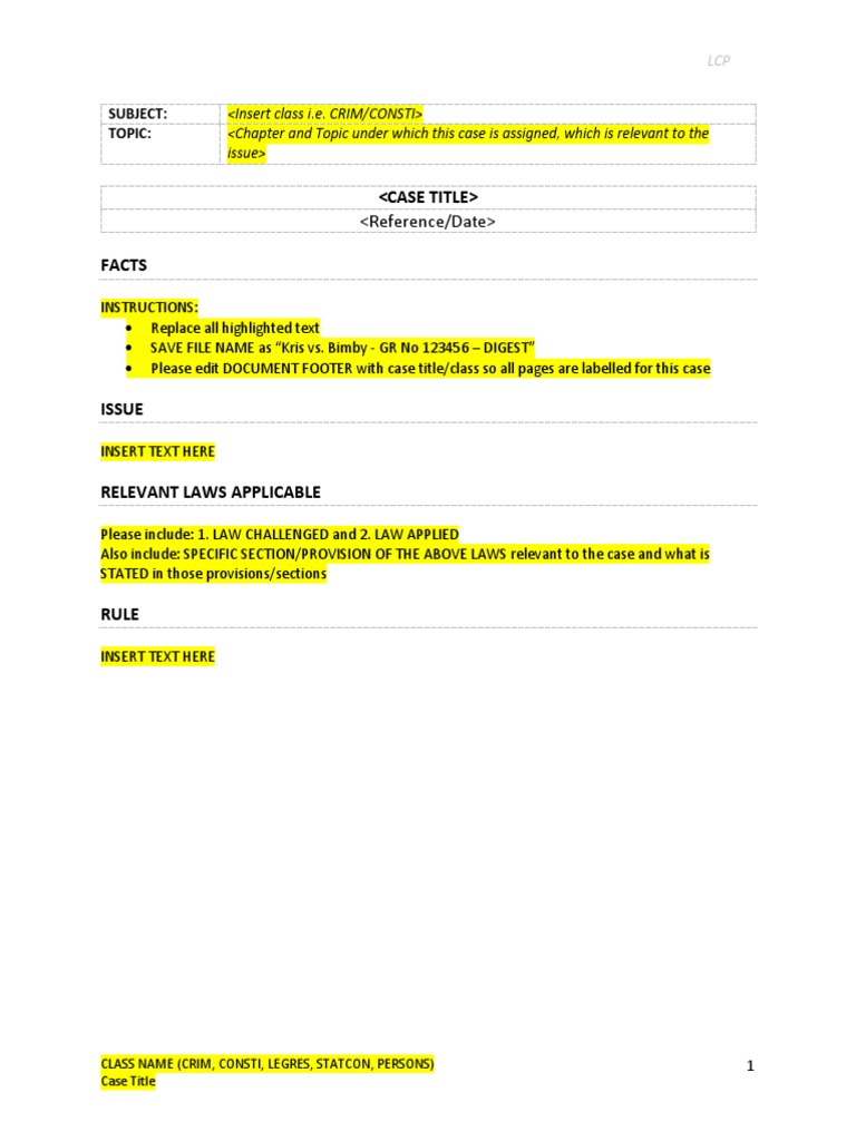 Lourdes Case Digest Template | PDF