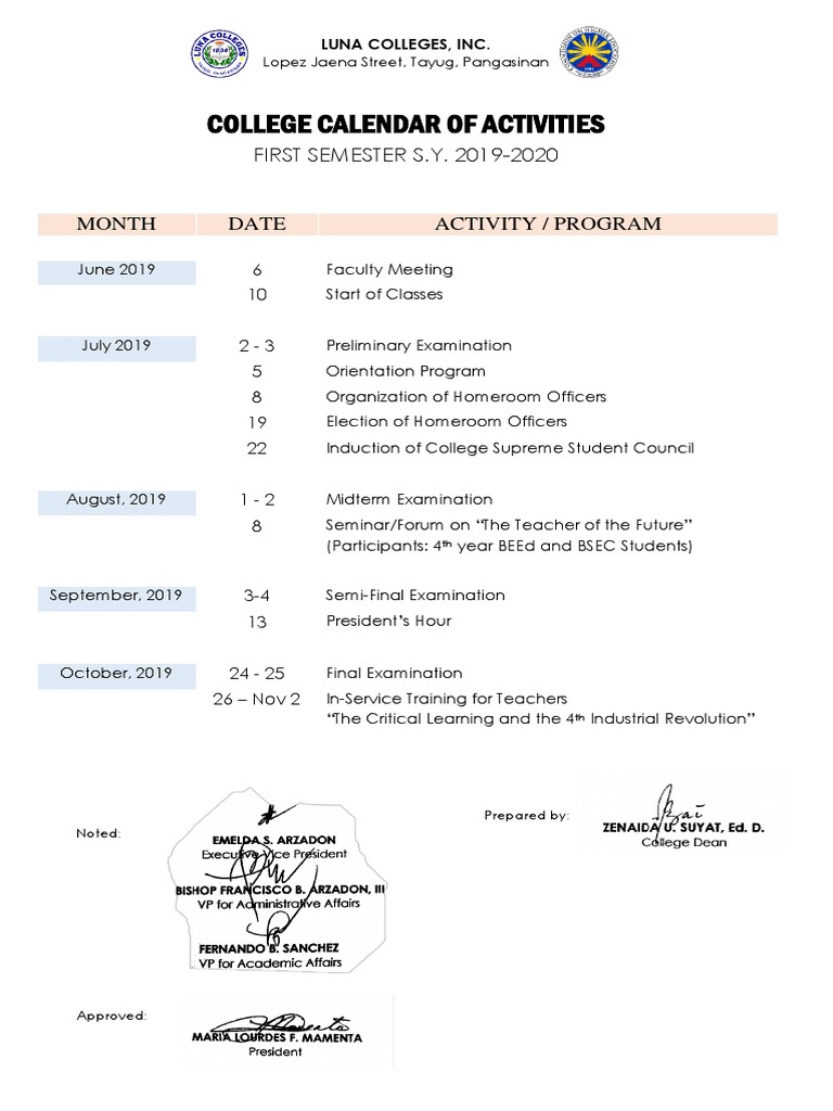 College Calendar of Activities | PDF | Educational Organizations ...
