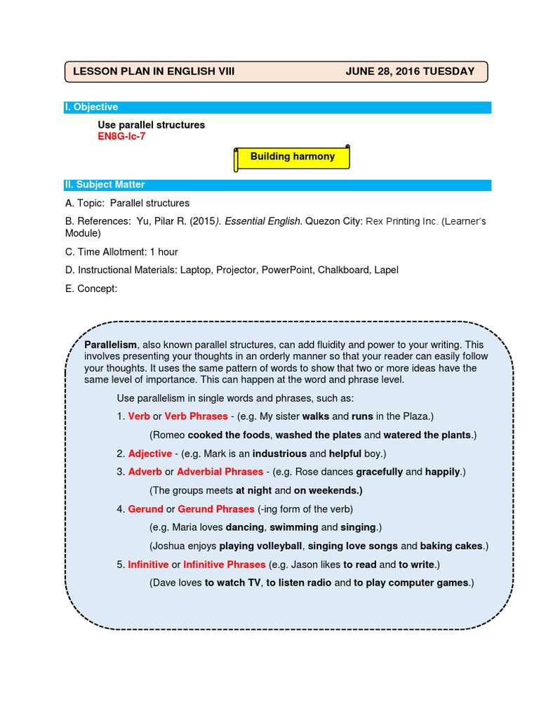 English 8 Lesson Plan Parallelism | PDF | Verb | Adverb