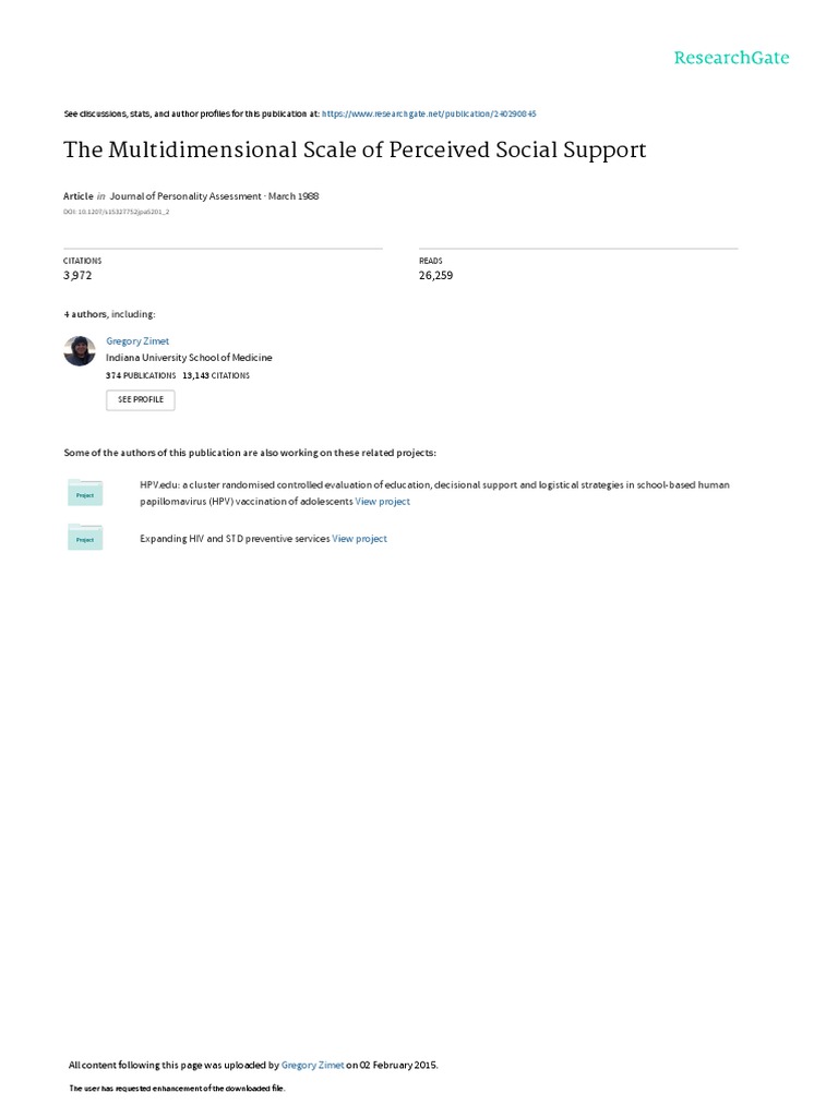 The Multidimensional Scale of Perceived Social Support: Article | PDF