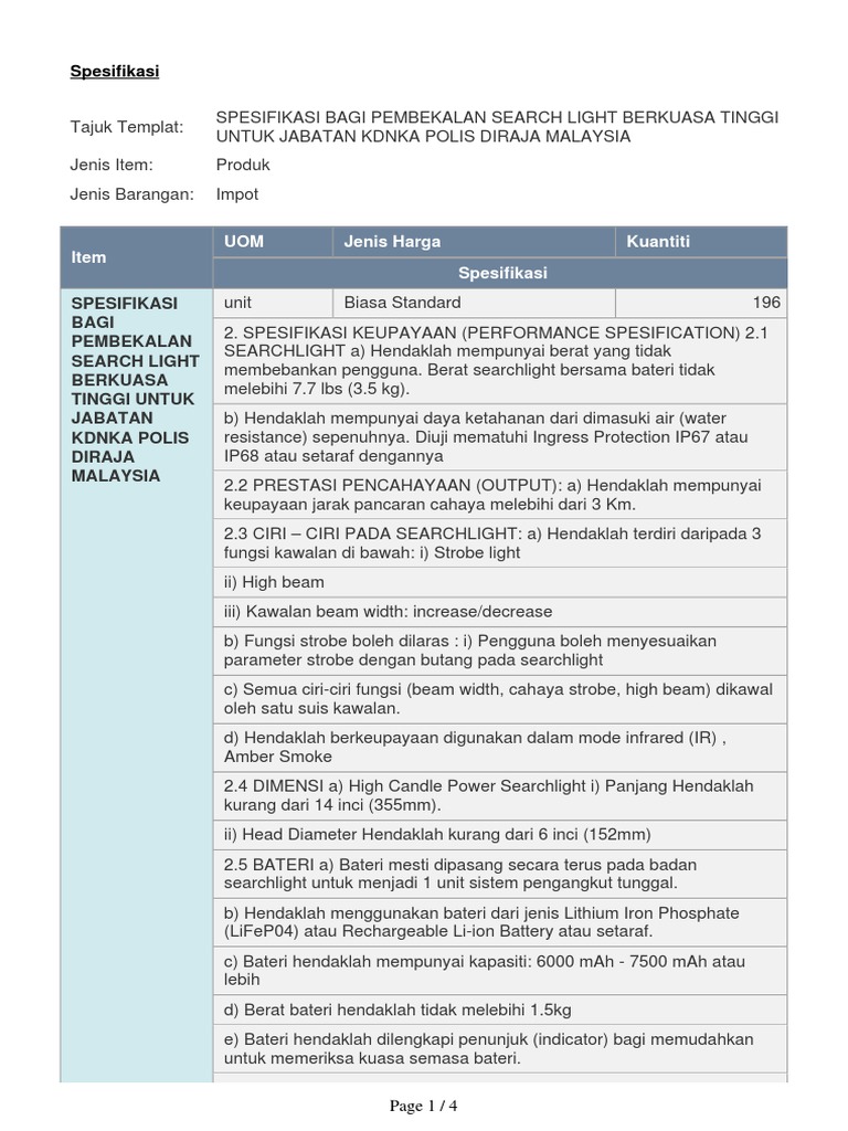 Spesifikasi Tender Kerajaan Malaysia | PDF