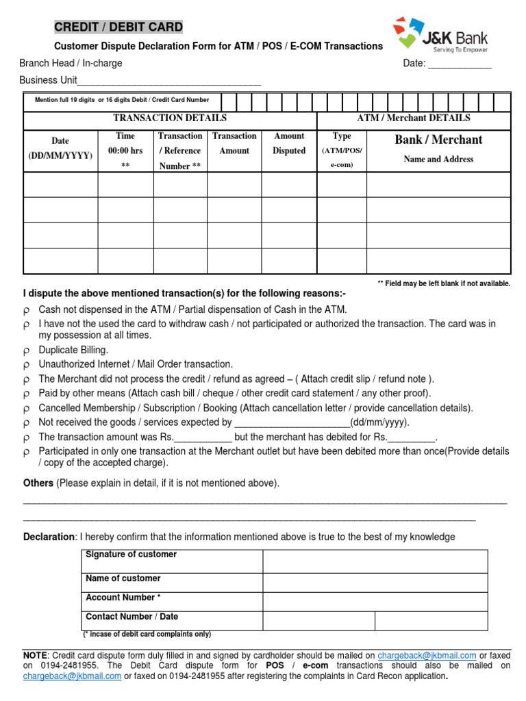 Customer Dispute Declaration Form for Credit/Debit Card Transactions ...