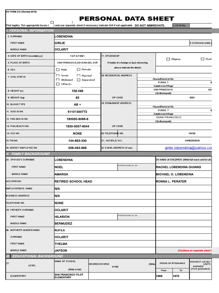 GIRLIE NEW Revised Personal Data Sheet R2016 1 | PDF | Justice | Crime & Violence