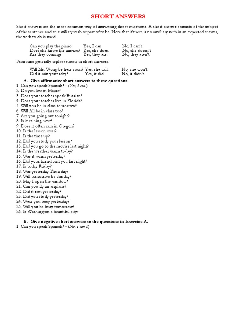 Short Answers: A. Give Affirmative Short Answers To These Questions | PDF