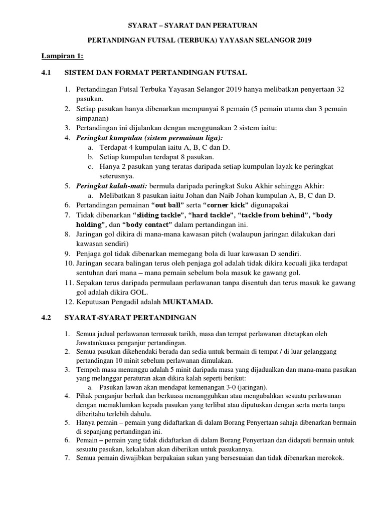 Syarat - Syarat Dan Peraturan Pertandingan Futsal (Terbuka) | PDF