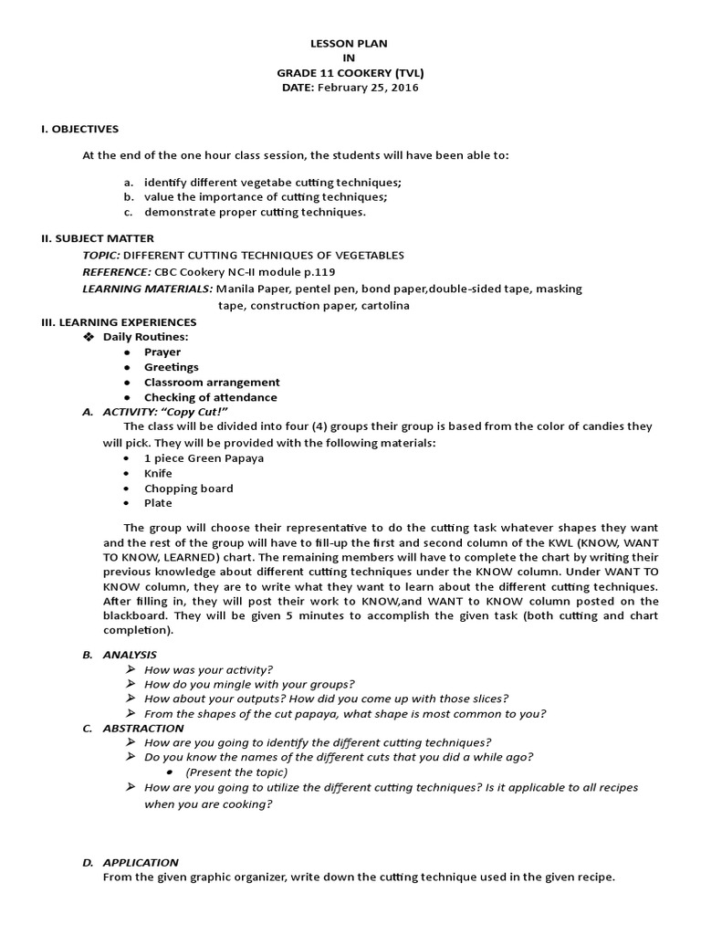 Lesson Plan in Grade 11 Cookery TVL | PDF | Education Theory | Learning