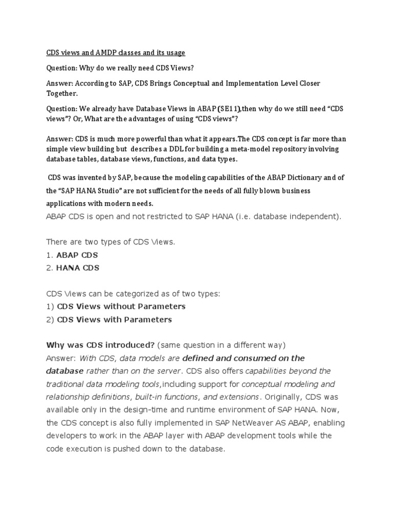 Cds Views And Amdp Classes And Its Usage Pdf Databases Conceptual Model 