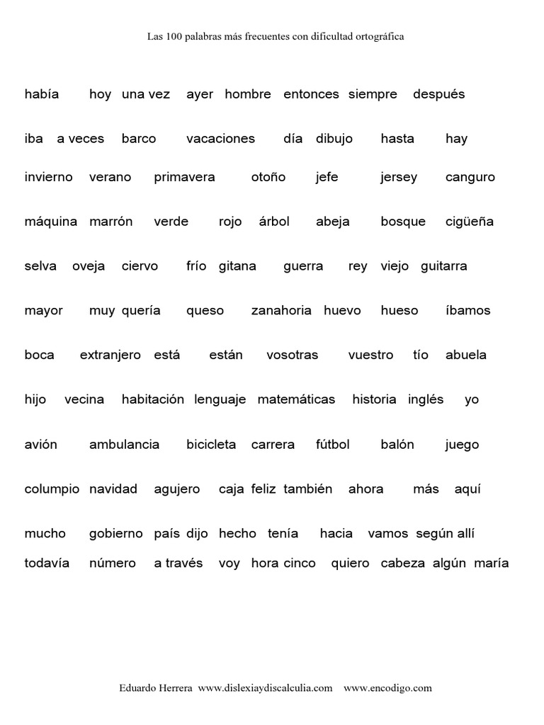 Las 100 Palabras Más Frecuentes Con Dificultad Ortográfica PDF | PDF