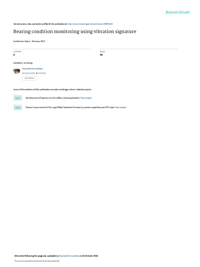 Bearing Condition Monitoring Using Vibration Signature | Download Free ...