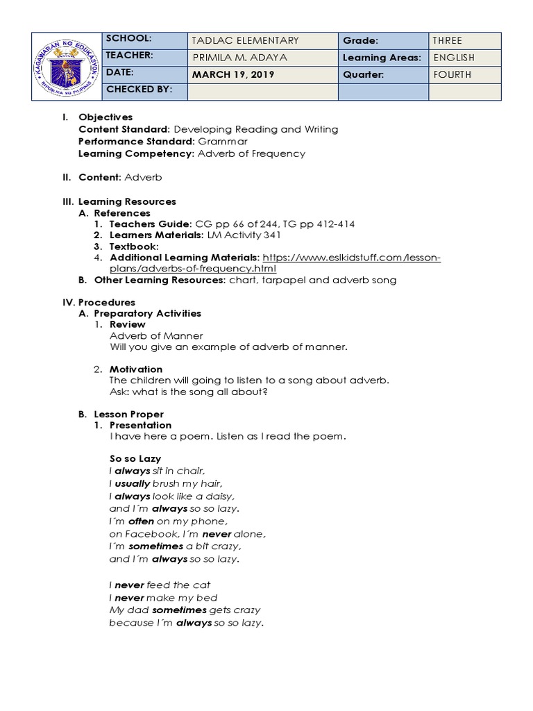 Daily Lesson Log | PDF | Adverb | Teaching