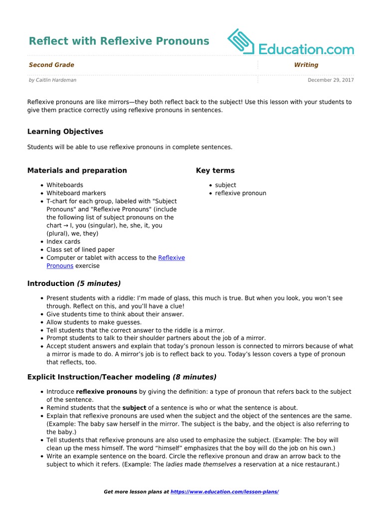 Second Grade Reflexive Pronouns Lesson | PDF | Question | Linguistics
