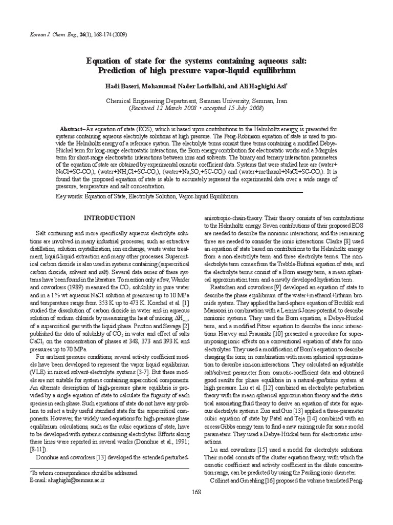 Equation of State for the Systems Containing Aqueous Salt: Prediction ...